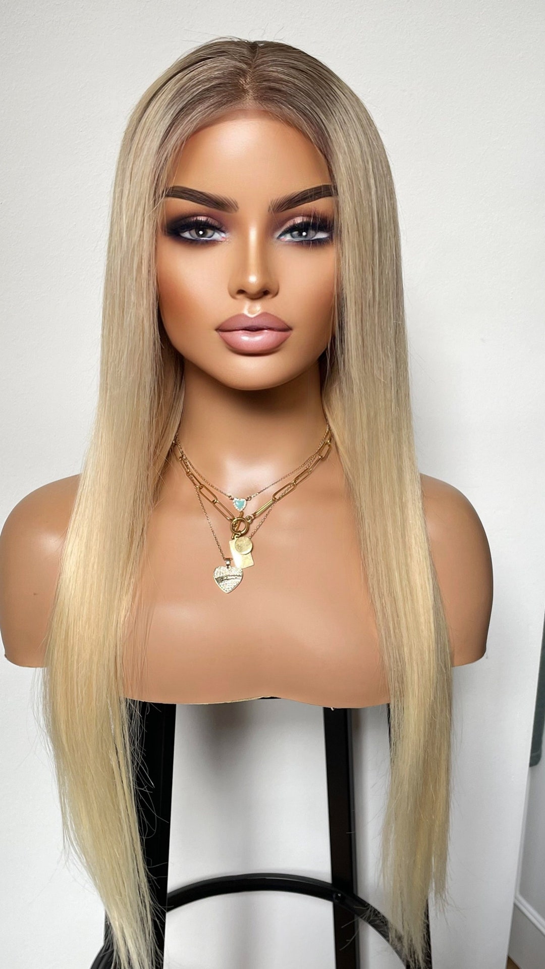 Rooted Light Golden Blonde Lace Front Human Hair Wig/ Short Dark Roots ...
