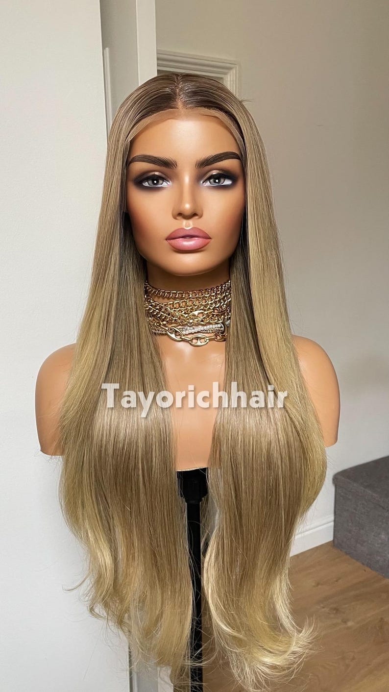 Beige Blonde Lace Wig; Heat Friendly Synthetic, Long Straight Hair ...