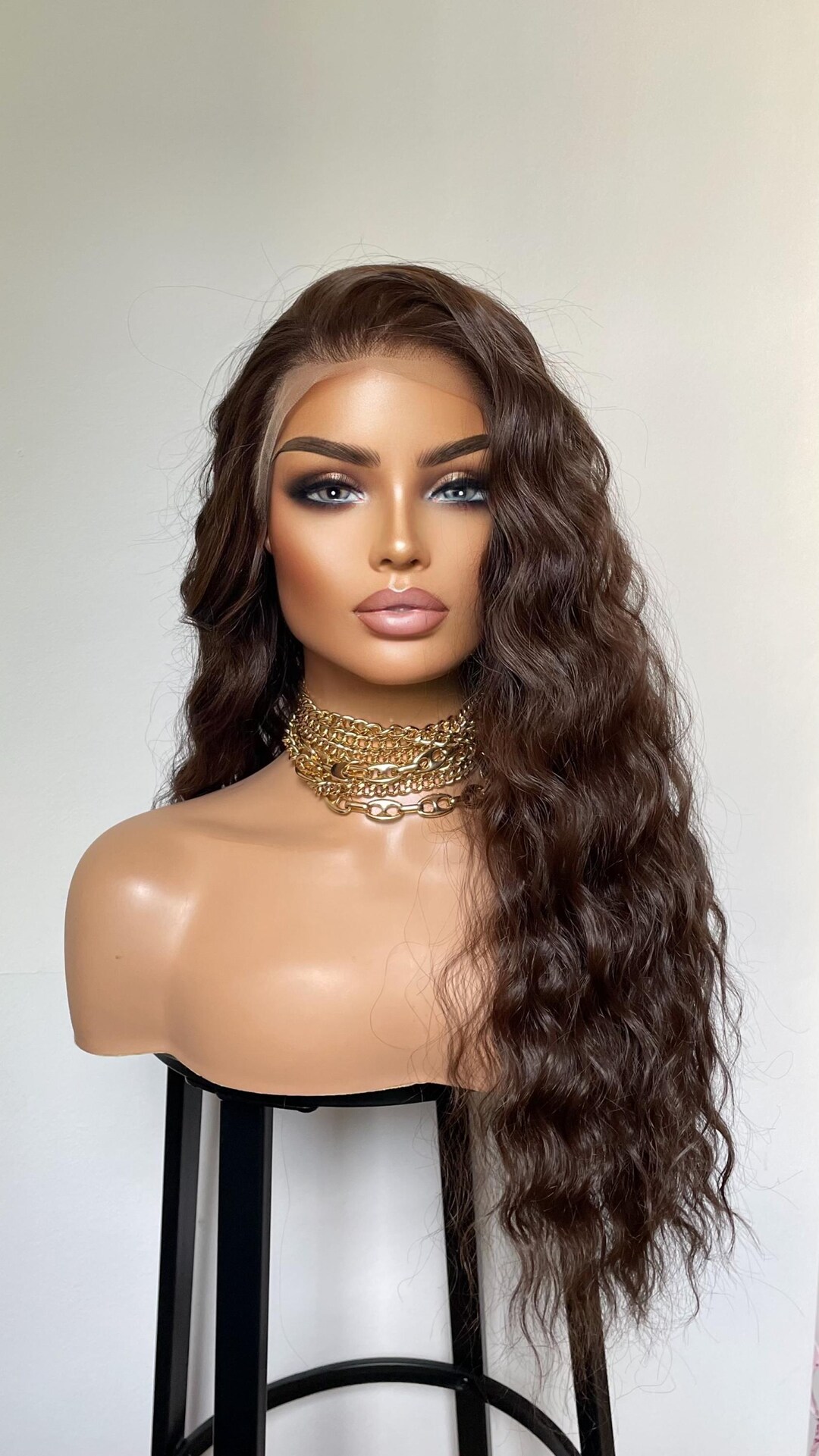 Curly Dark Brown Lace Front Wig With Light Brown Streaks/ Brunette ...