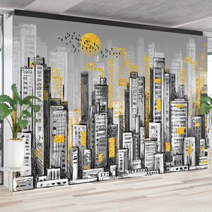 Golden Moon Over Graphite City Silhouettes Wallpaper, Modern Cityscape ...
