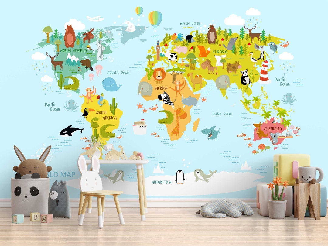 Kids World Map for Children Animal Learning Nursery Kid's Wallpaper ...