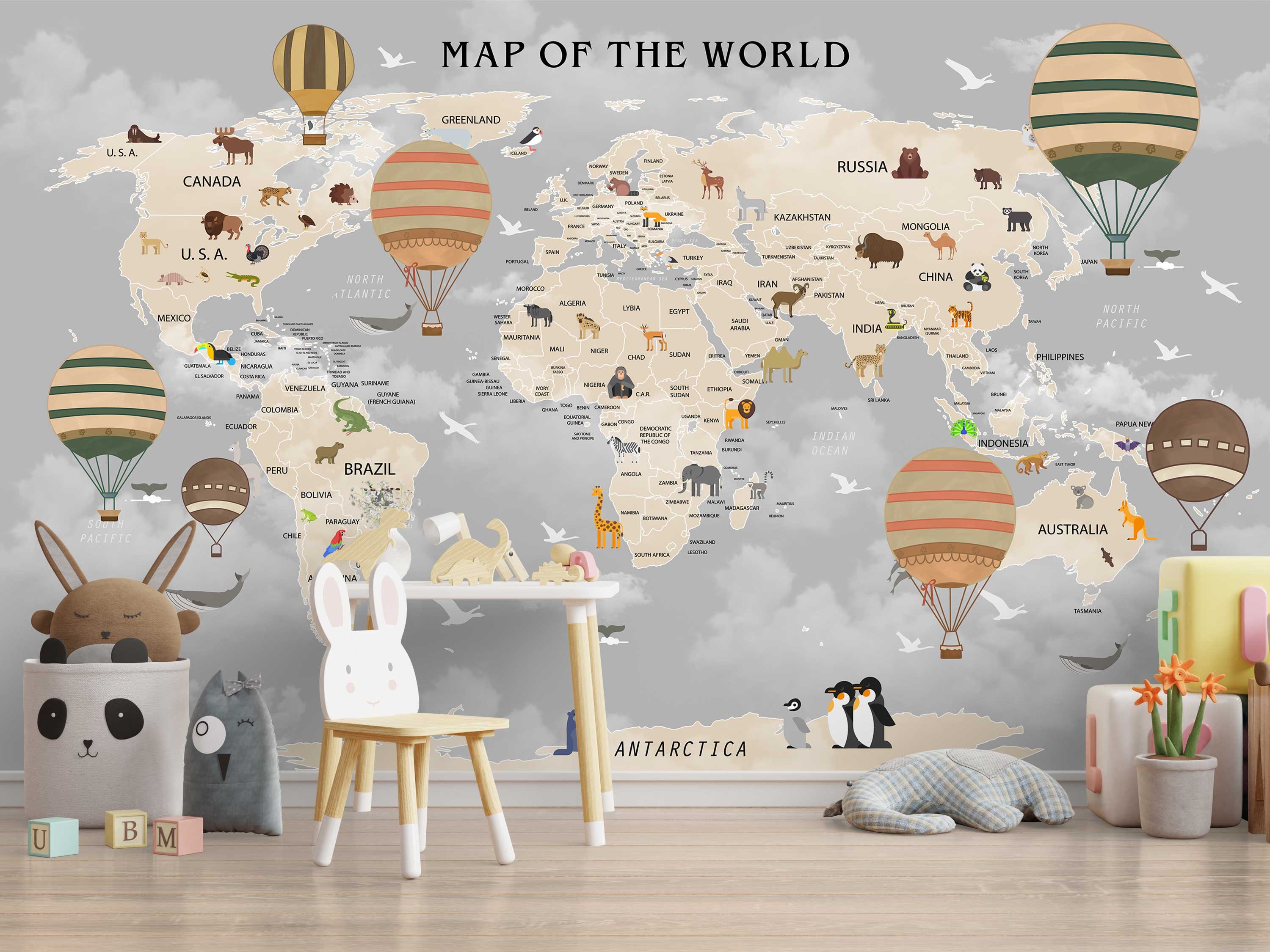 Gray Map of the World With Cute Animals and Balloons Wall - Etsy
