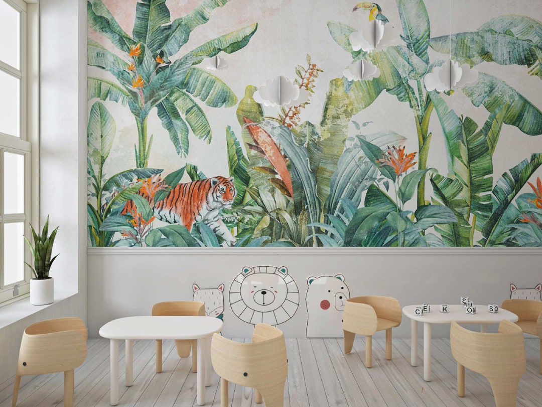 Tiger and Toucan Jungle Wallpaper: Warm Watercolor Tropical Leaves - Etsy