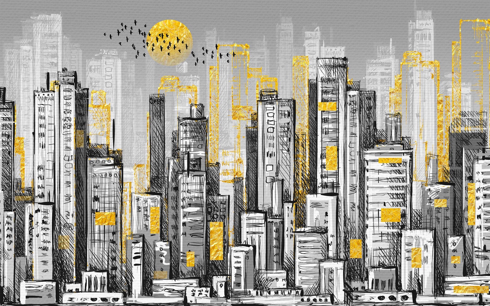 Golden Moon Over Graphite City Silhouettes Wallpaper Modern - Etsy