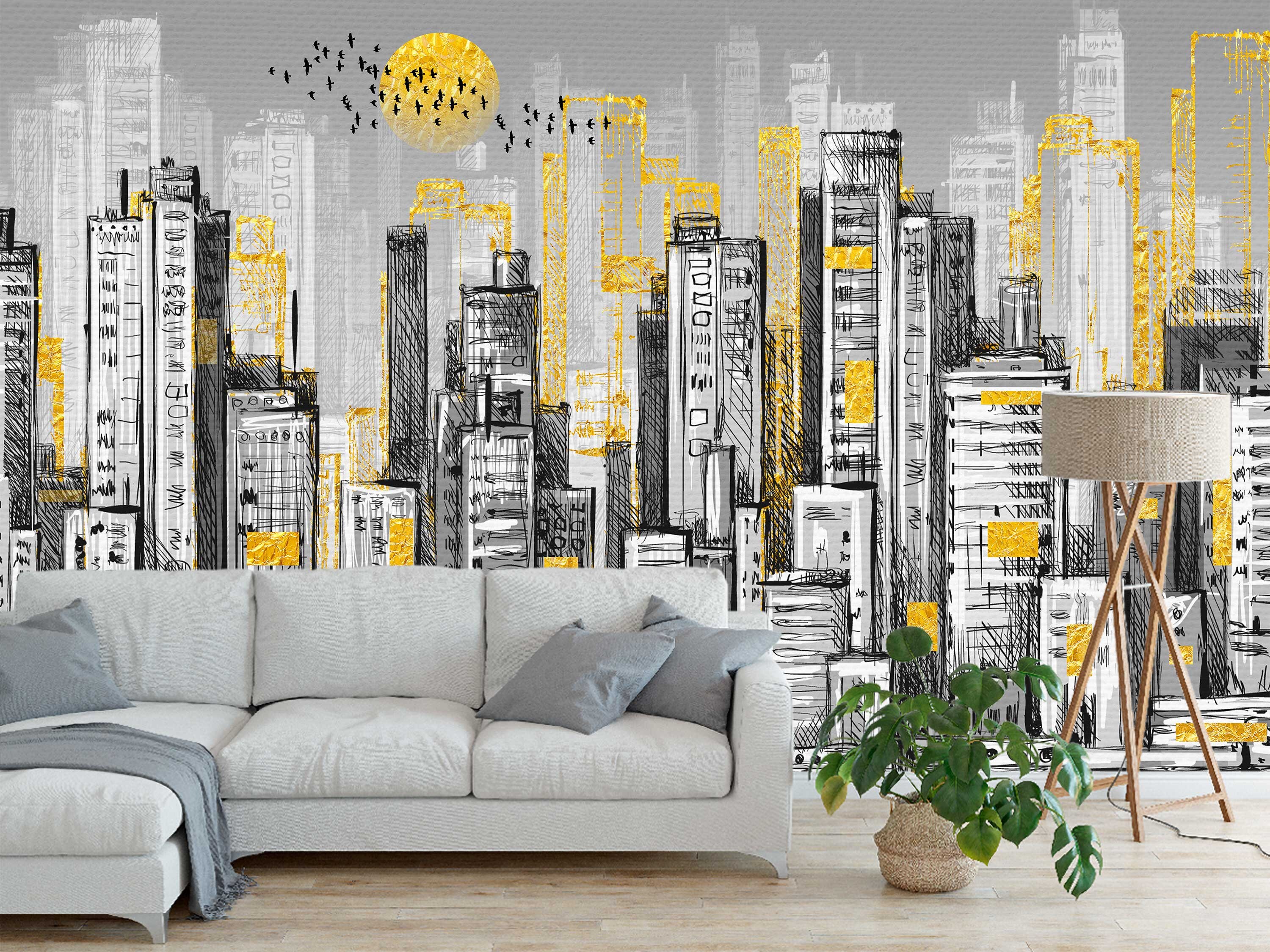 Golden Moon Over Graphite City Silhouettes Wallpaper, Modern Cityscape ...