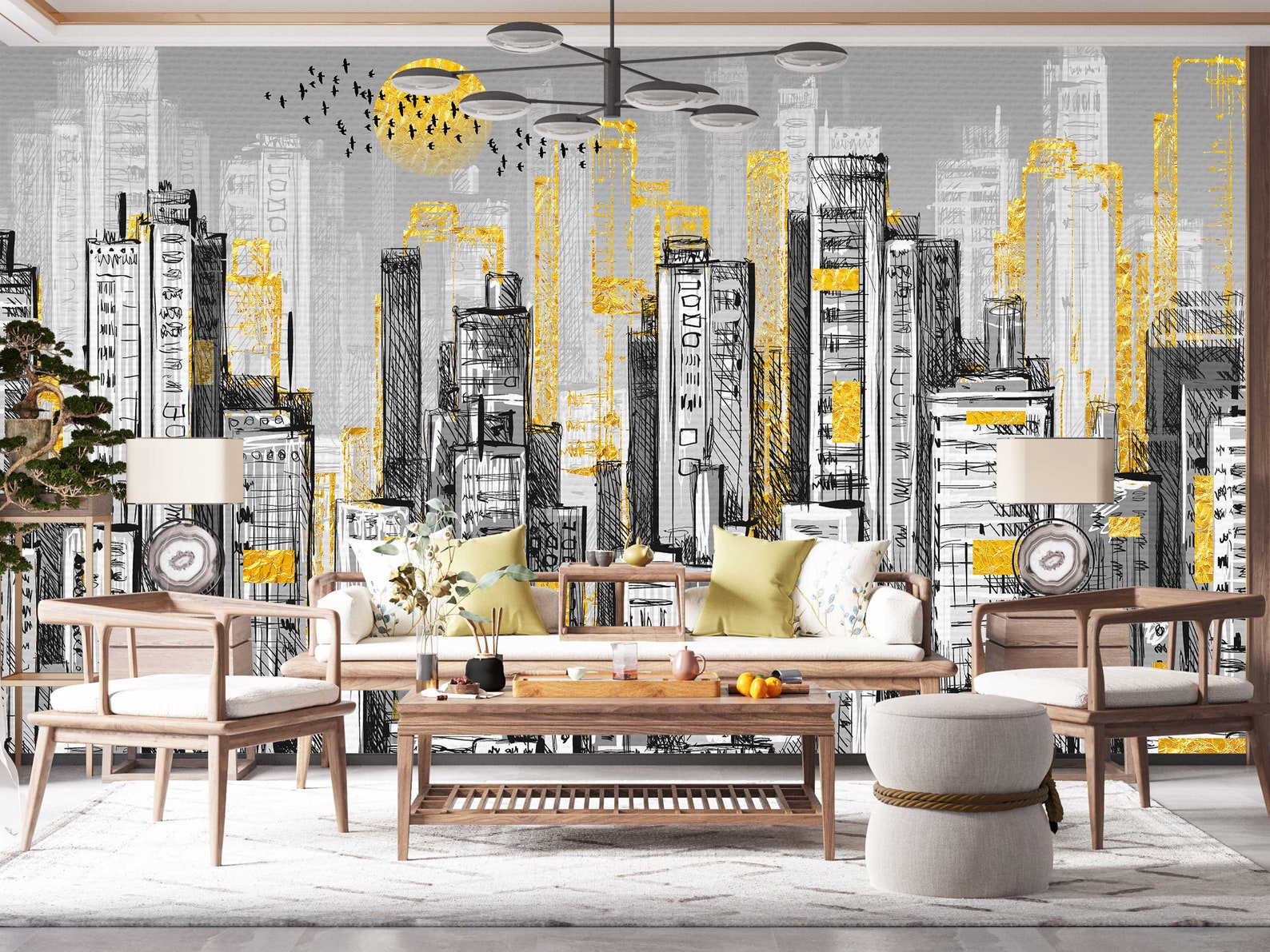 Golden Moon Over Graphite City Silhouettes Wallpaper, Modern Cityscape ...