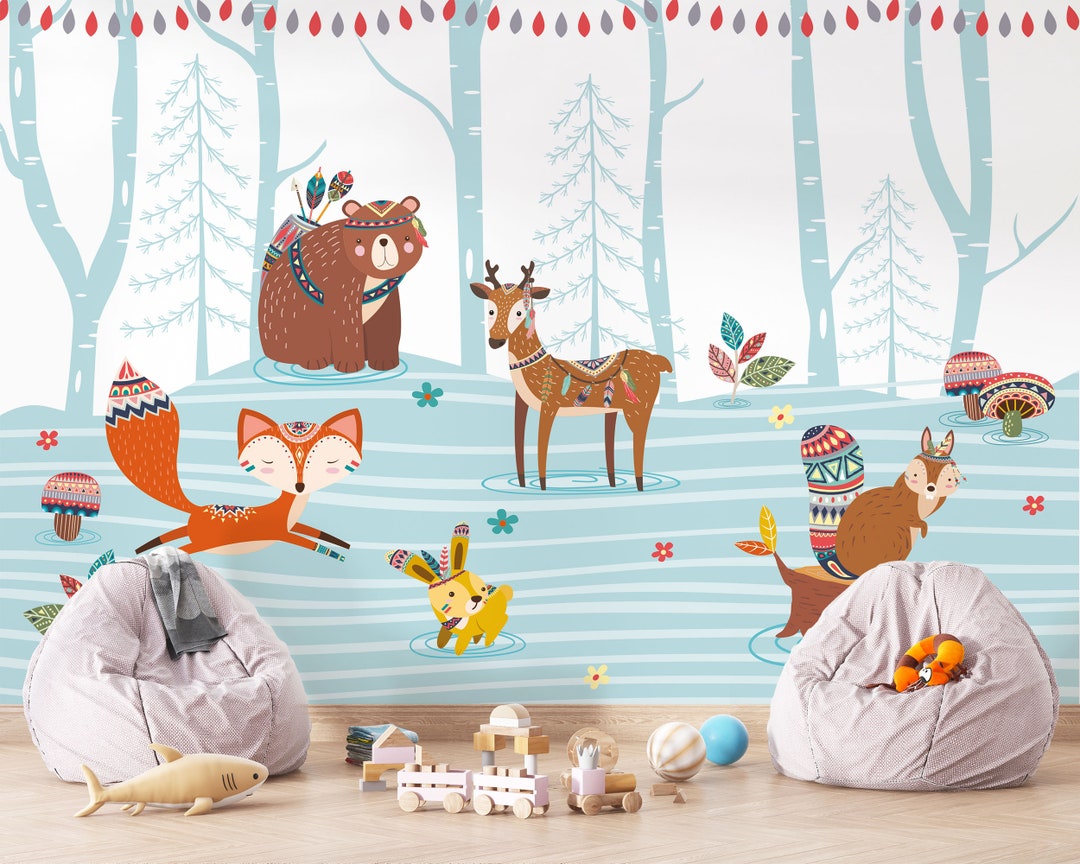 Boho Forest Animals Wallpaper, Children's Room Decor - Etsy