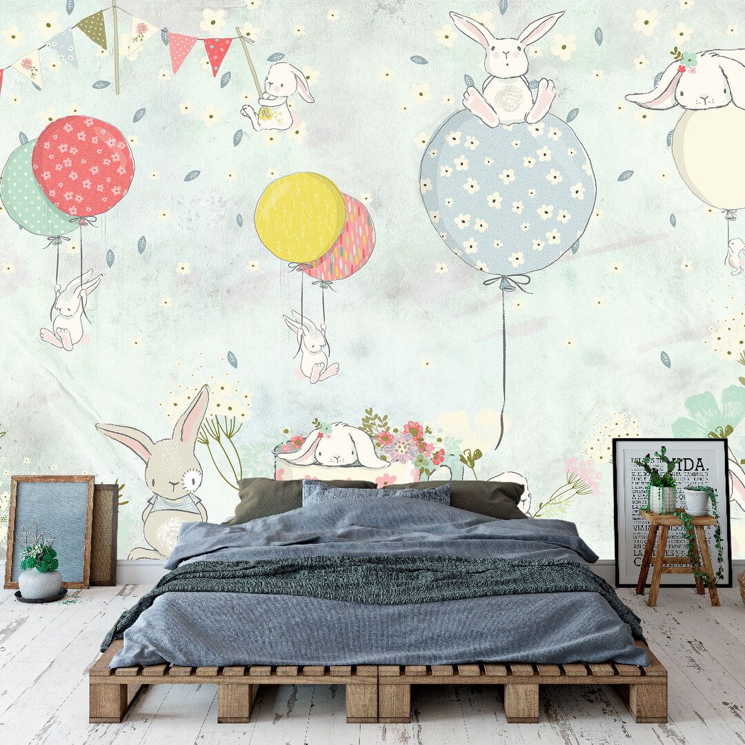 Balloon Bunnys Children's Room Wallpaper, Wall Art, Photoprinted ...
