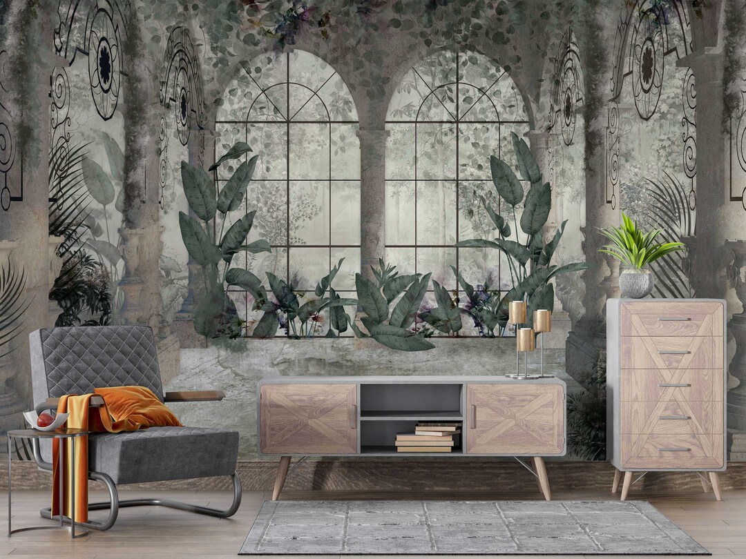 Verdant Conservatory Elegance: Timeless Stone Arch and Lush Foliage ...