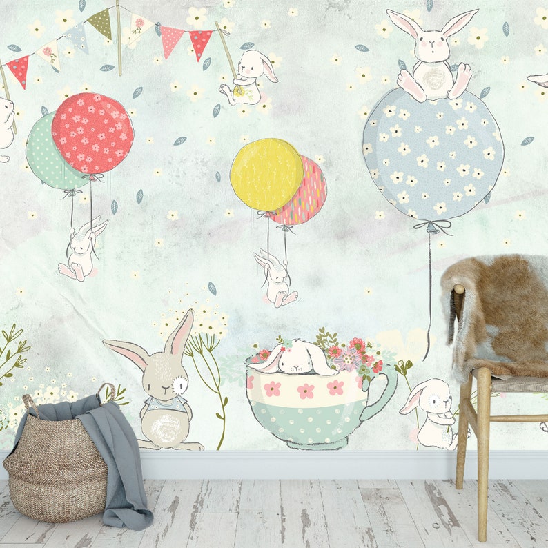 Balloon Bunnys Children's Room Wallpaper, Wall Art, Photoprinted ...