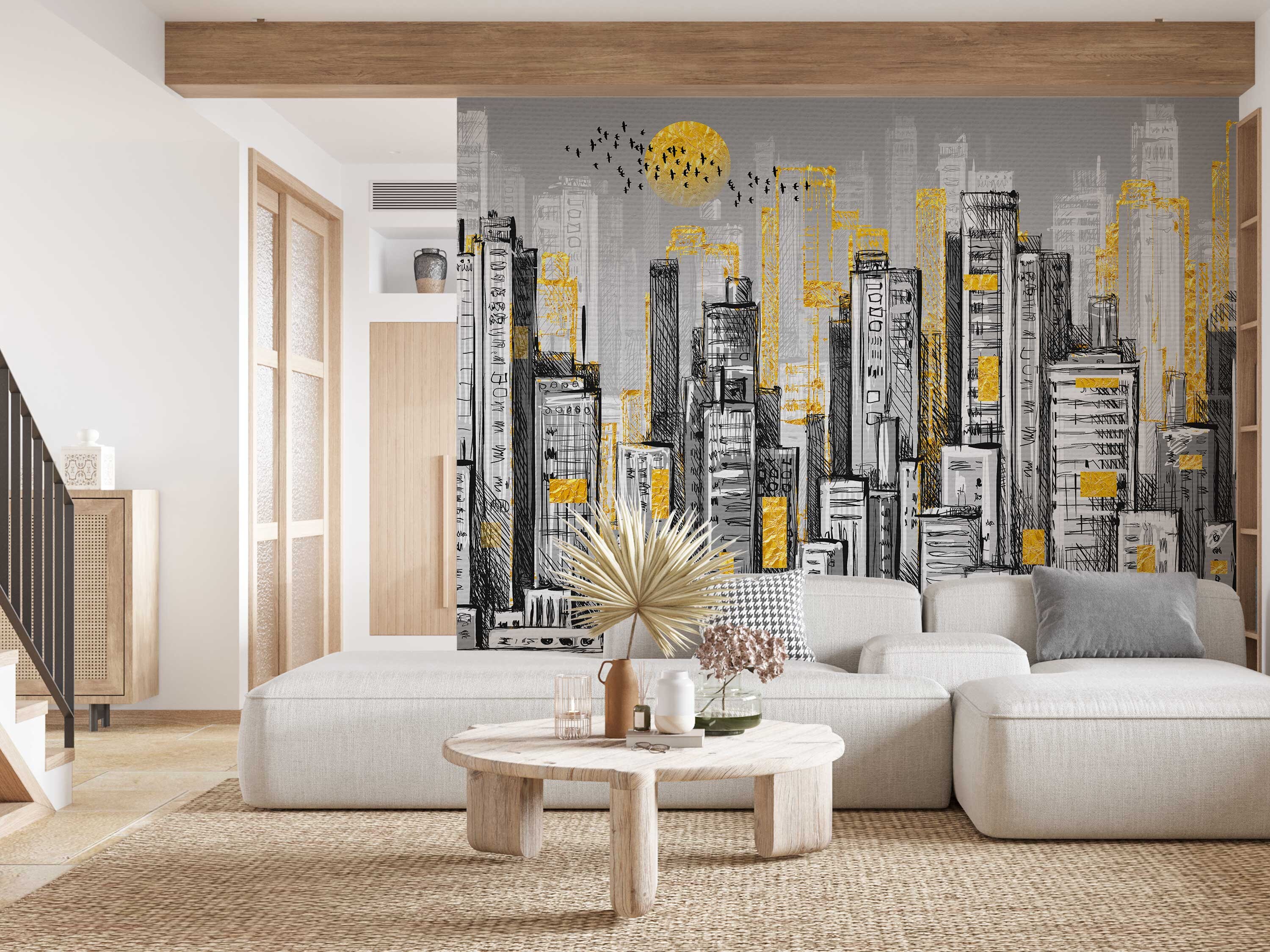 Golden Moon Over Graphite City Silhouettes Wallpaper, Modern Cityscape ...