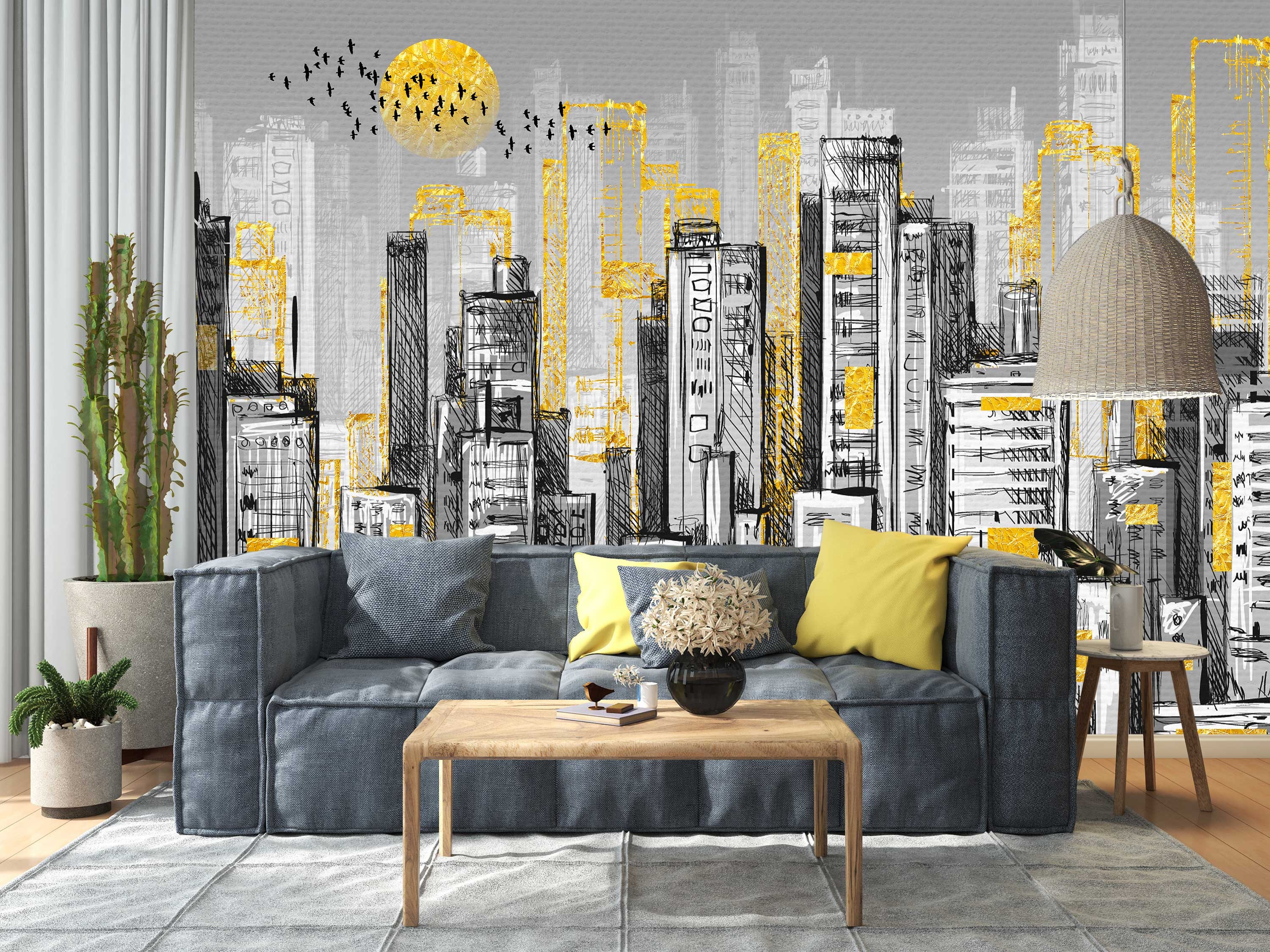 Golden Moon Over Graphite City Silhouettes Wallpaper Modern - Etsy