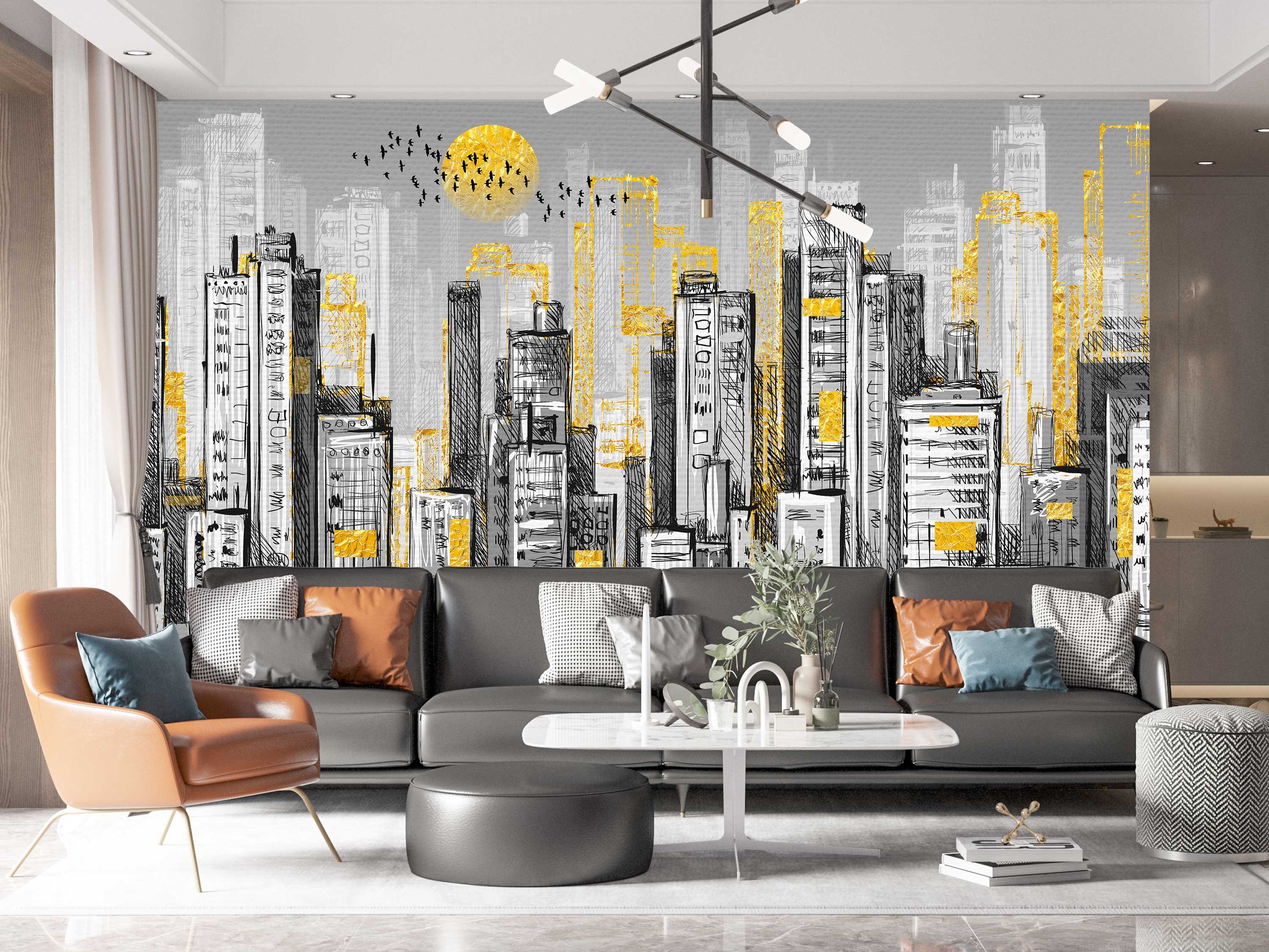Golden Moon Over Graphite City Silhouettes Wallpaper Modern - Etsy