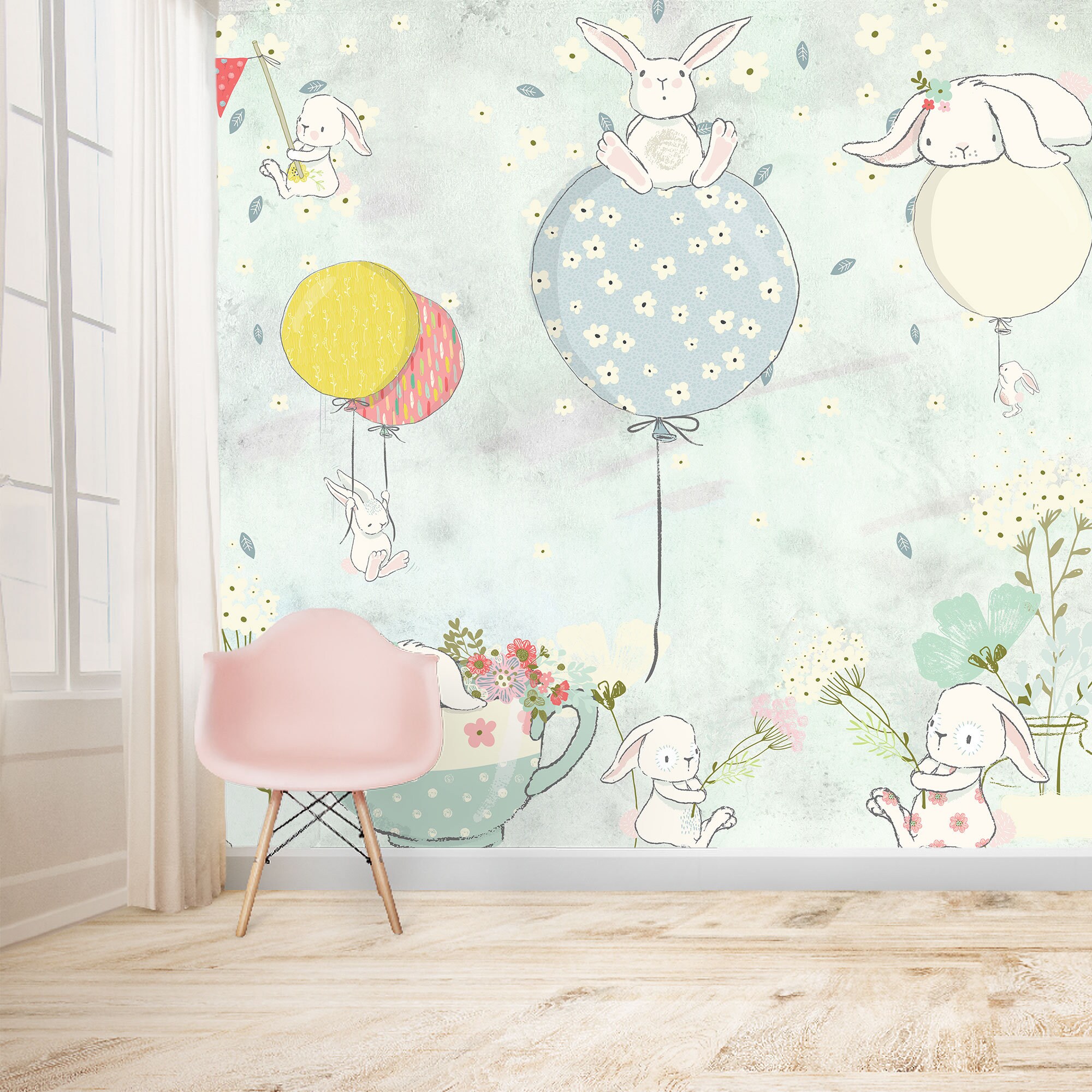 Balloon Bunnys Children's Room Wallpaper, Wall Art, Photoprinted ...