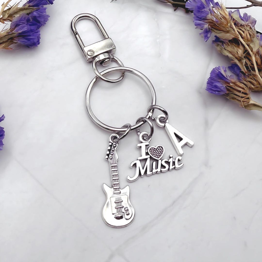 Custom Music Lover Keychain, Guitar Player Charm, Personalized Initial ...