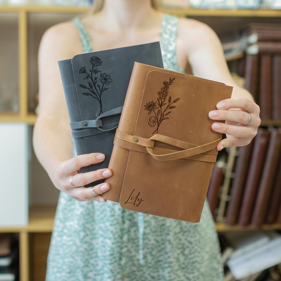 Custom Leather Journal, Birth Flower Notebook, Bridesmaid Gift, Birth ...