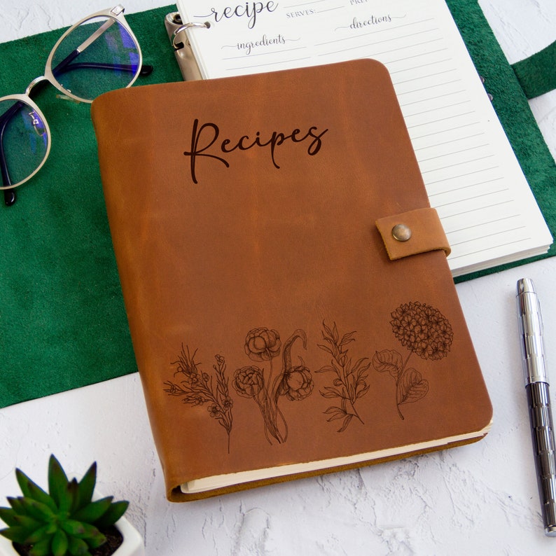 Leather Recipe Book Binder Custom Recipe Book Hydrangea and - Etsy