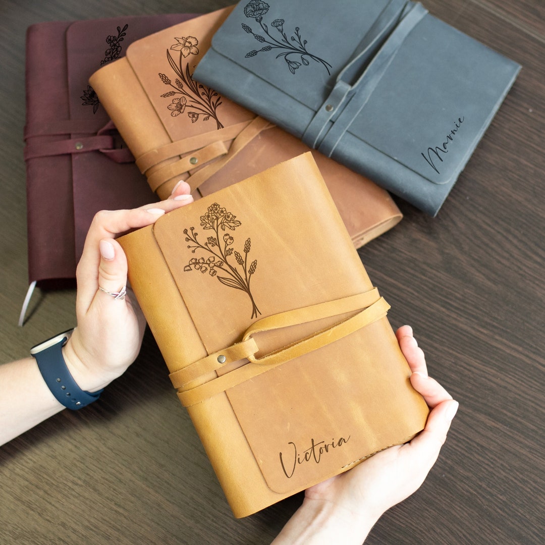 Personalized Leather Journal for Women Birth Flower Custom Leather ...