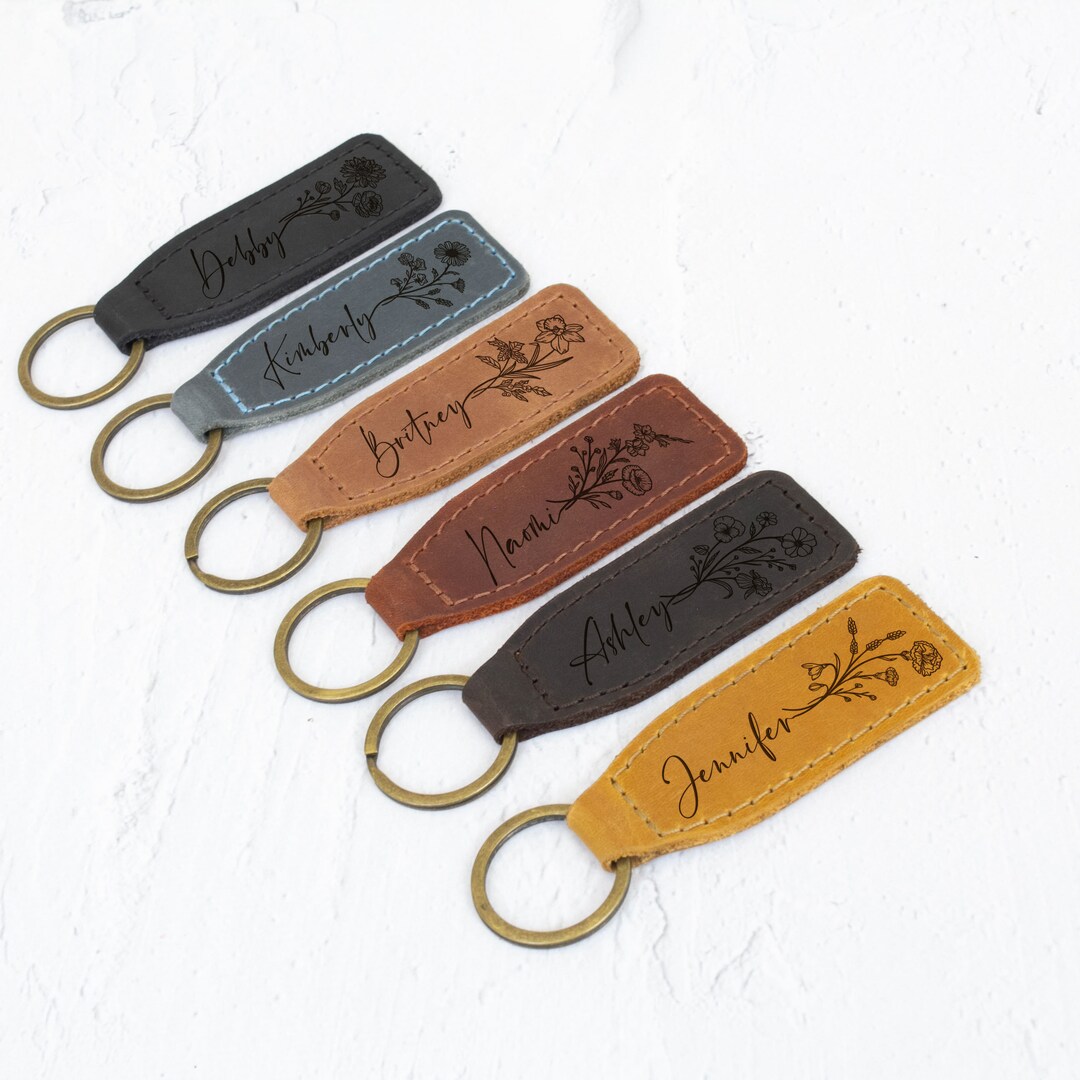 Custom Name Birth Flower Leather Keychain, Personalized Leather Keyring ...
