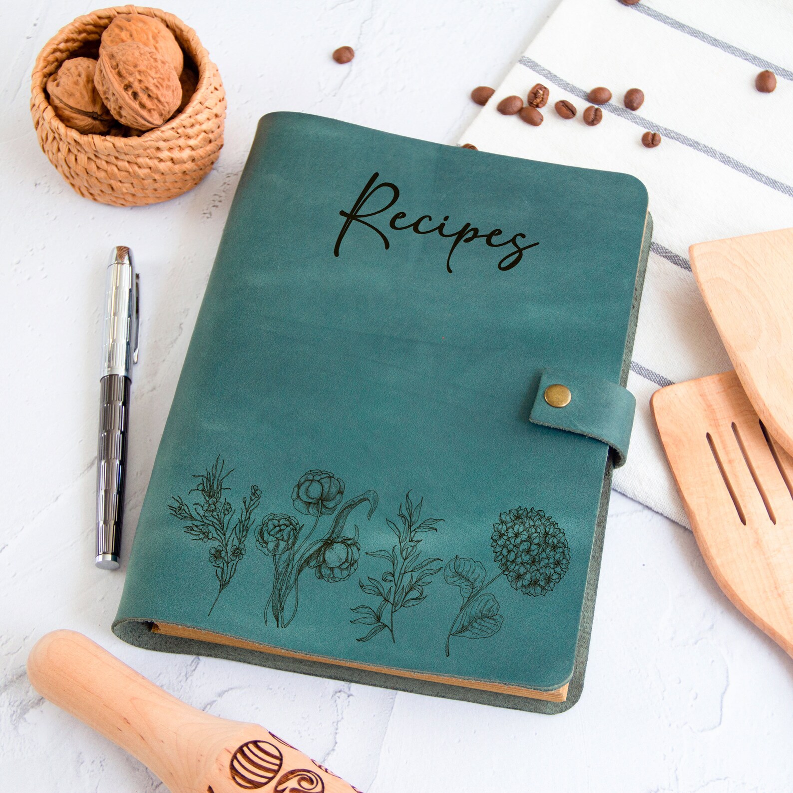 Leather Recipe Book Binder Custom Recipe Book Hydrangea and - Etsy
