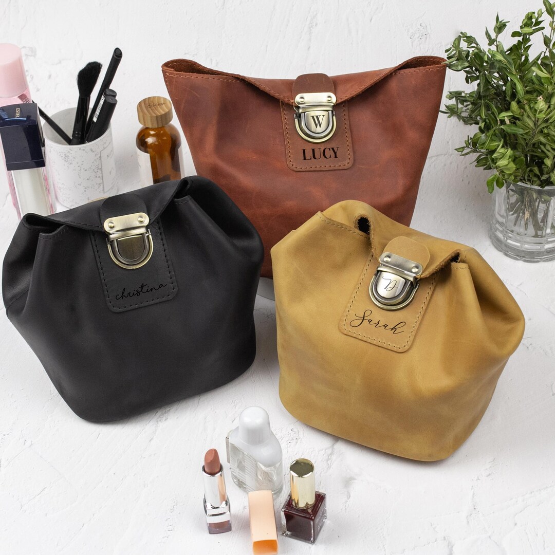 Monogram Makeup Bag, Personalized Leather Dopp Kit Women, Custom ...