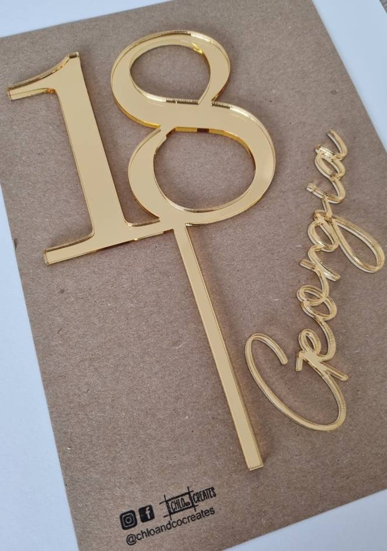Acrylic 18th Birthday Cake Topper and Name Cake Charm, Gold Mirror Cake ...