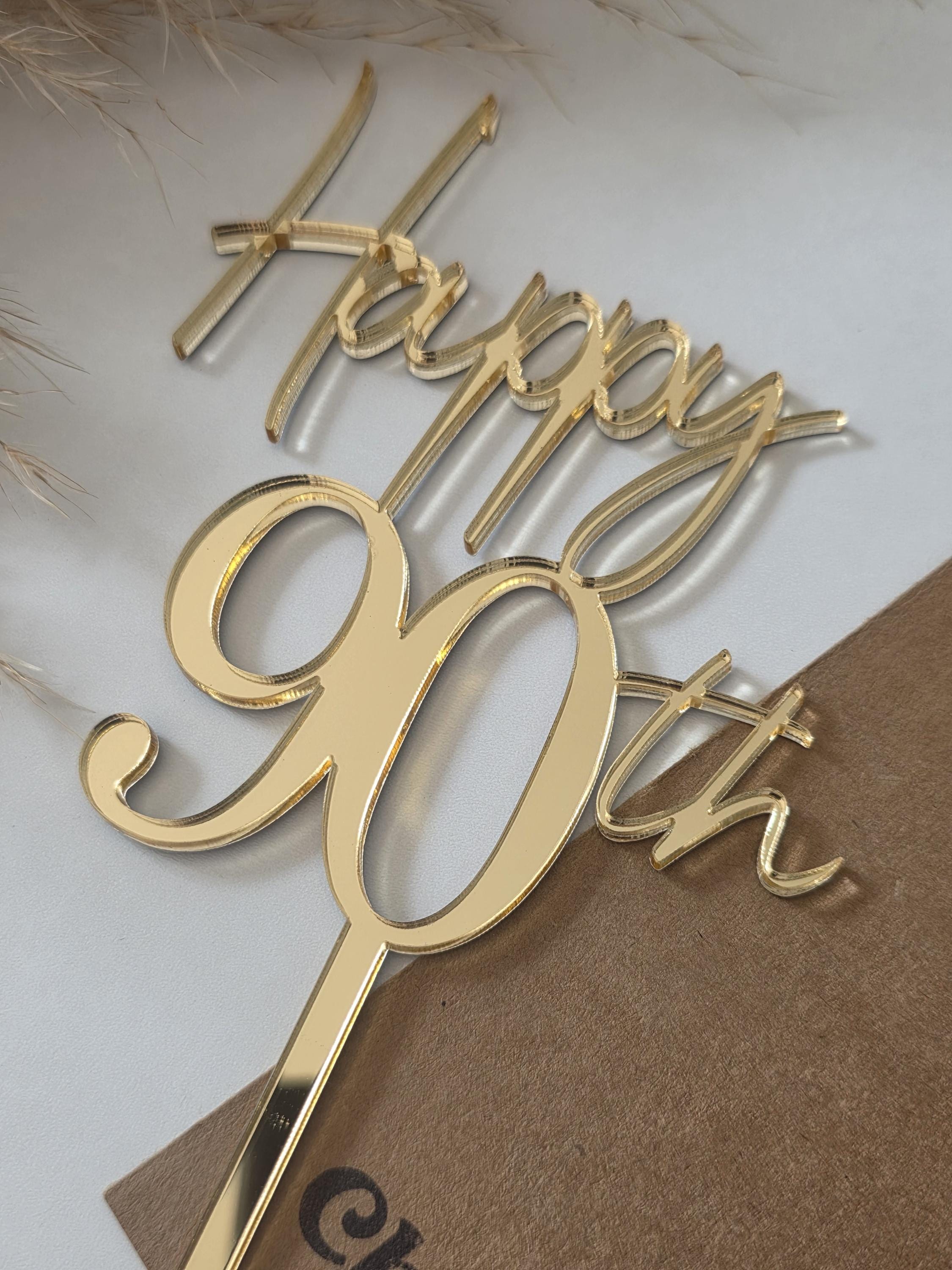 Acrylic Happy 90th Birthday Cake Topper and Name Cake Charm, Gold ...