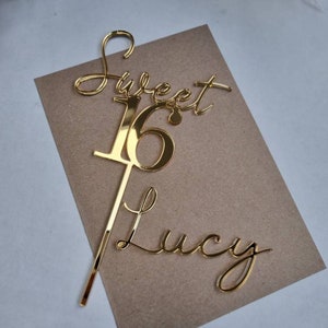 Sweet 16 Acrylic Cake Topper and Name Cake Charm, Gold Mirror Cake ...