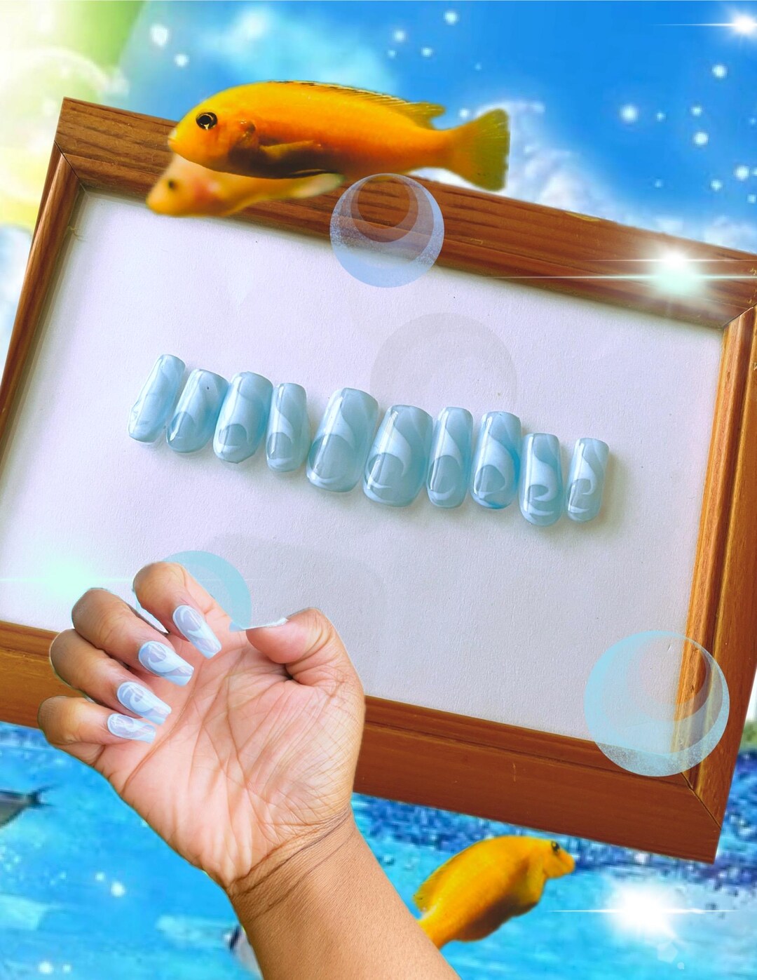 Frutiger Aero Nails Light Blue Jelly Transparent. Press on Hand Painted ...
