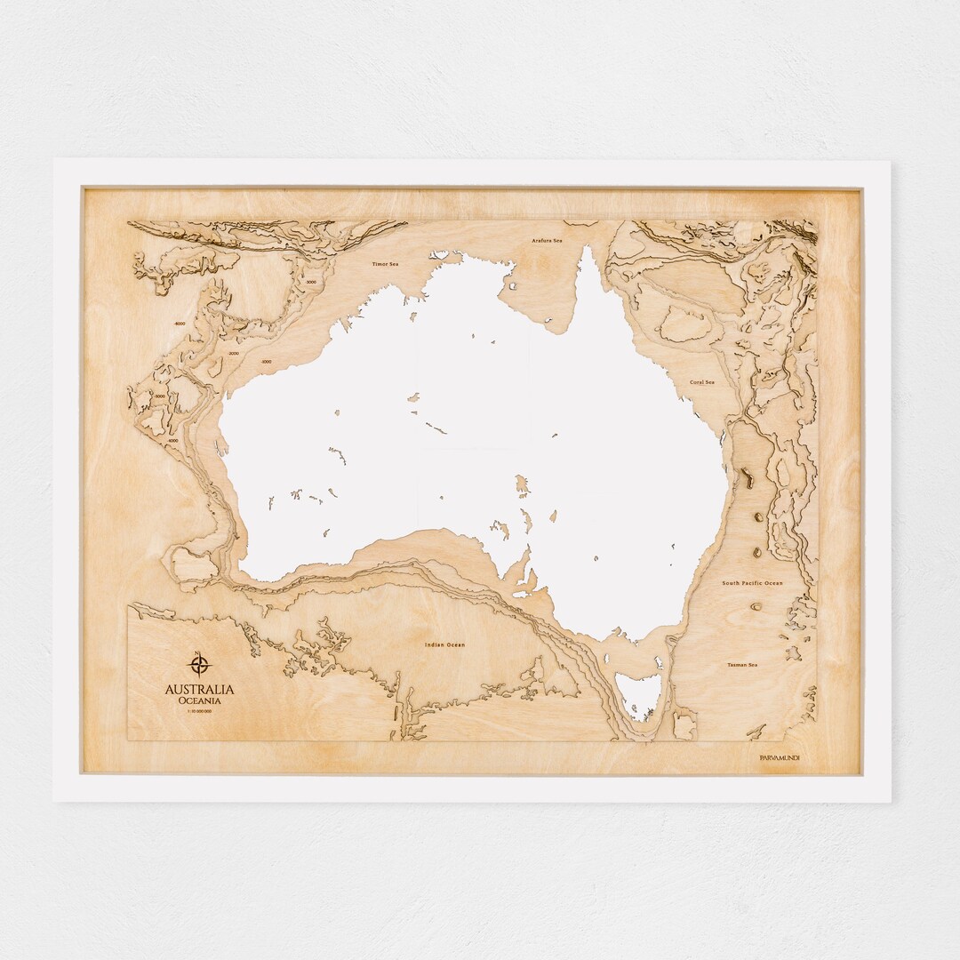 Australia Geographical Map in Wood With Bathymetric Surveys of the ...