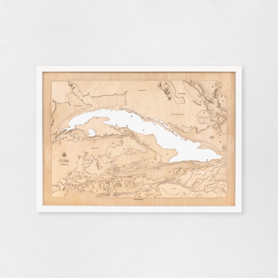 Cuba Geographical Map in Wood With Bathymetric Reliefs of the Depths of ...
