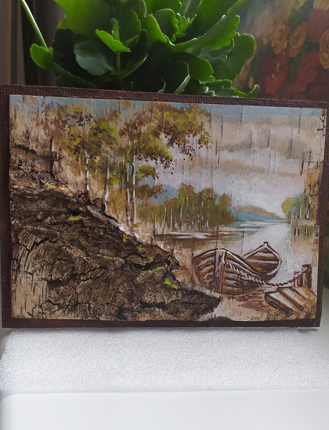 Birch Bark Room Wall Decor Landscape With a Boat Decor Summer Landscape ...