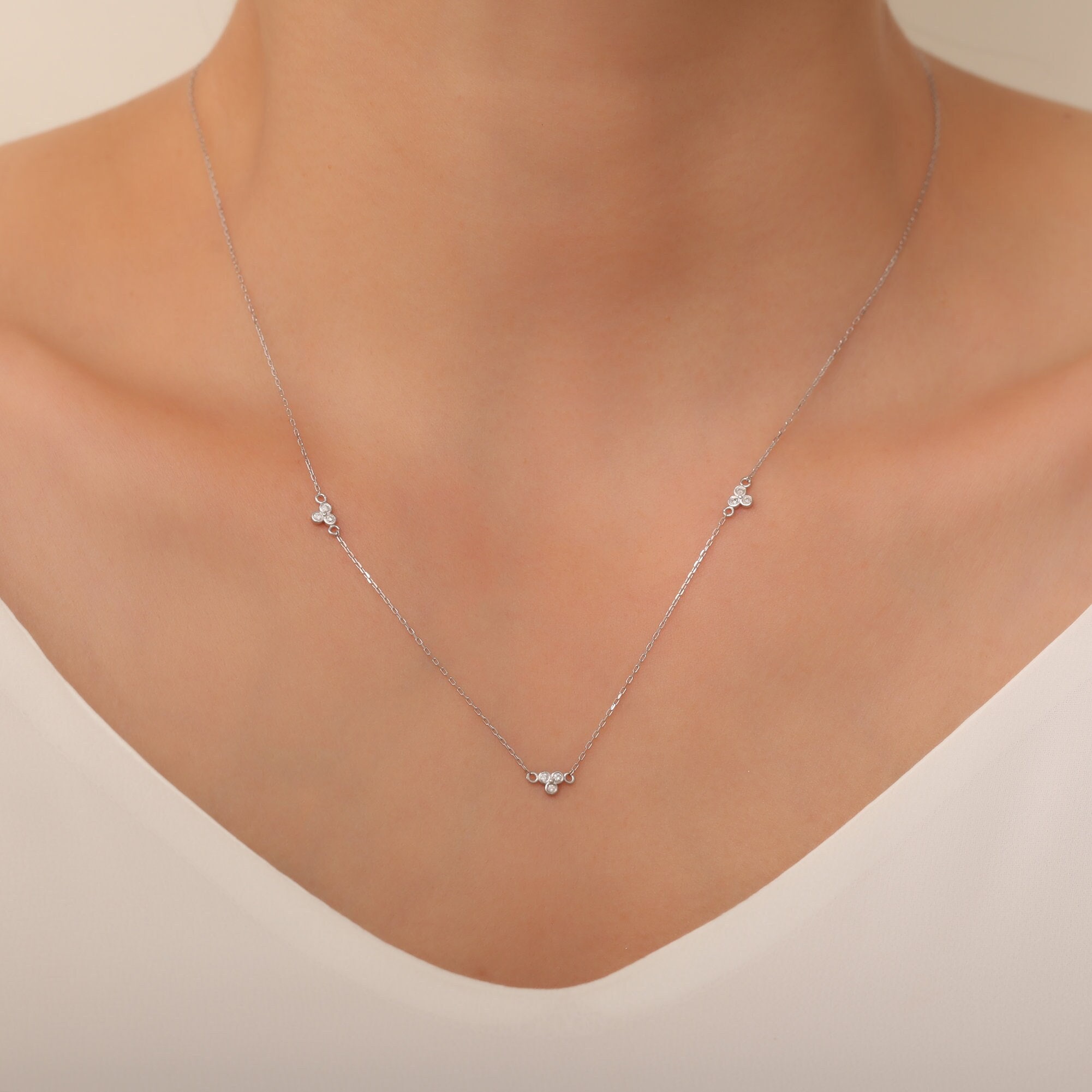 14K Gold Pave Diamond Three Stone Station Necklace / 14K Dainty ...