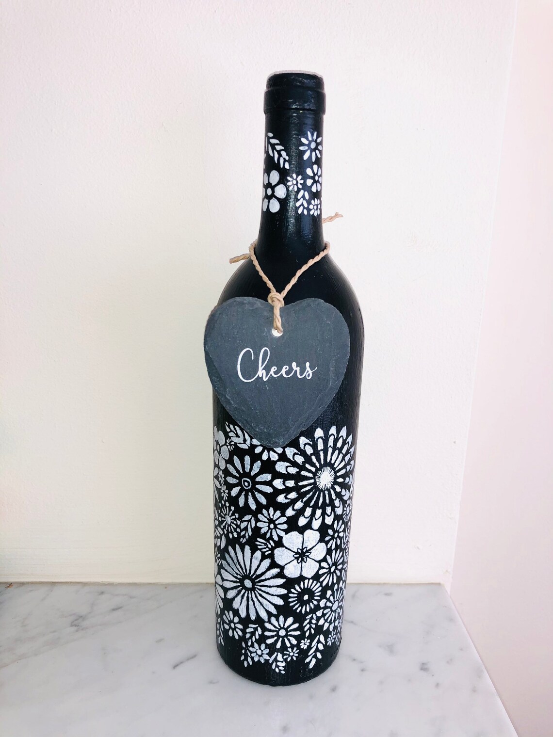 Black and White floral Painted Bottle. Beautifully painted | Etsy