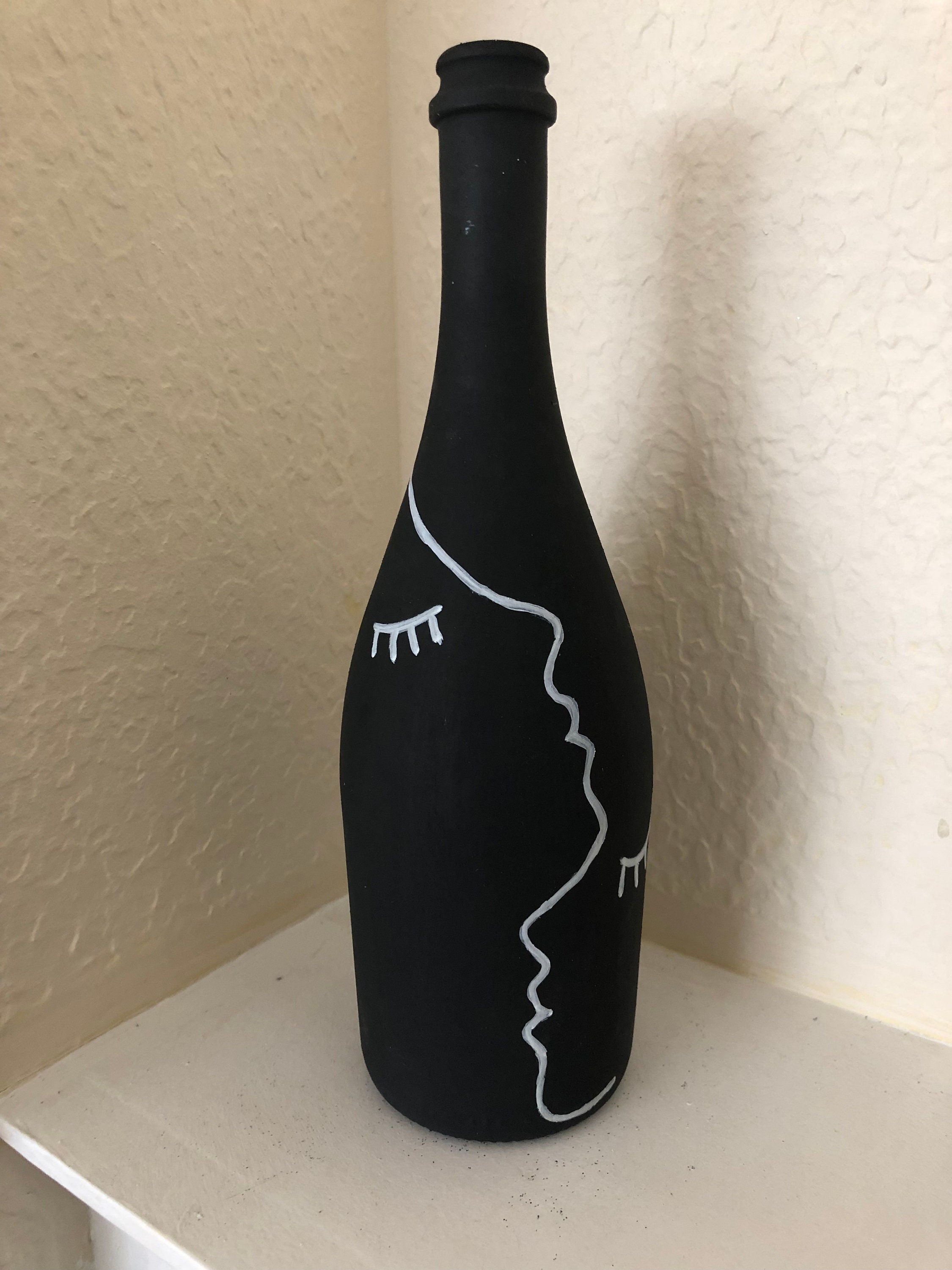Abstract Art Line Drawing Face hand Painted Bottle Black - Etsy