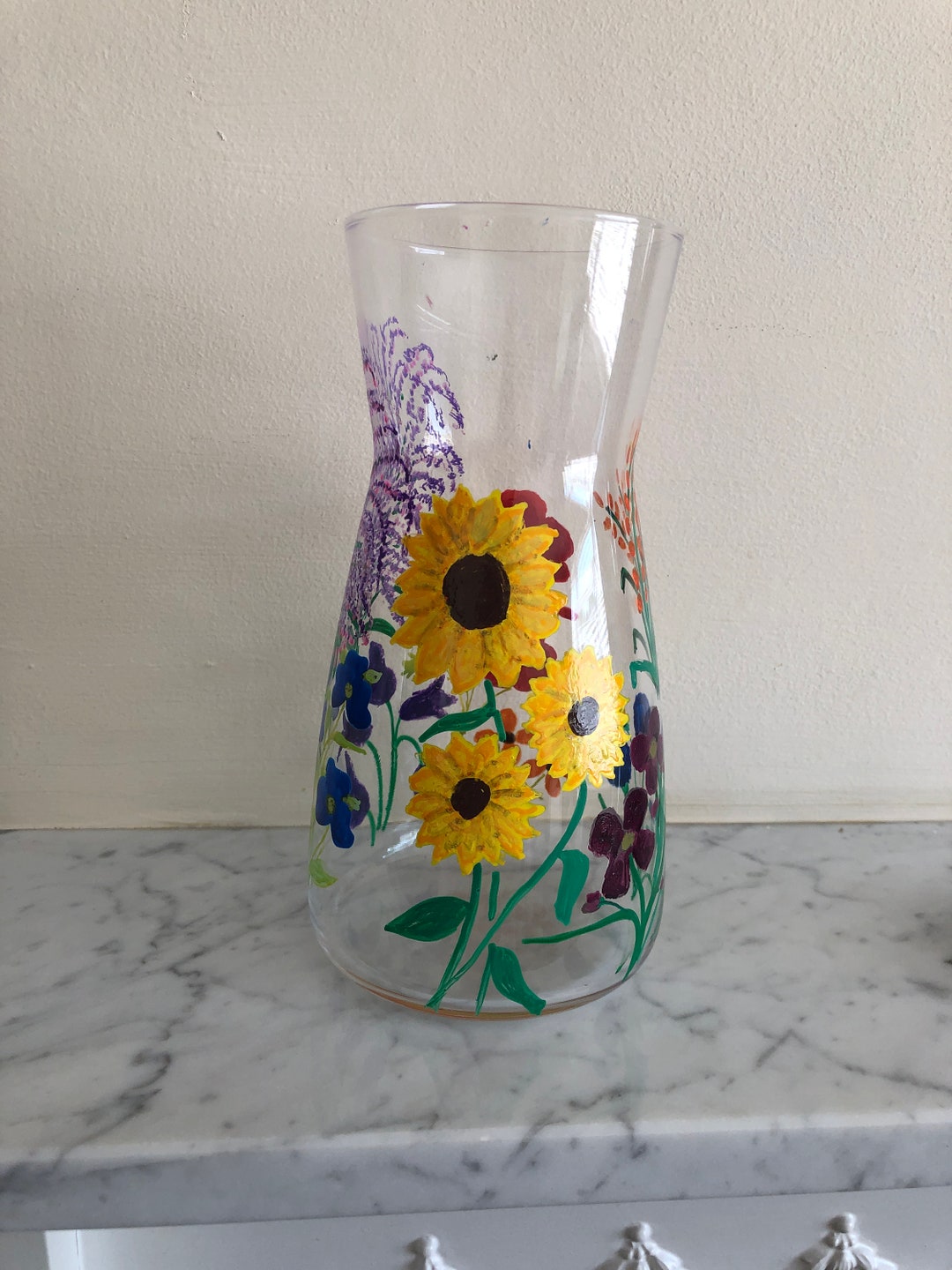 Hand Painted Floral Glass Vase: Meadow Flower Design, Home Decor - Etsy