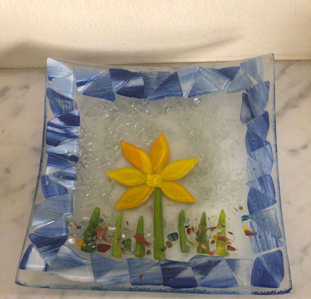 Hand Made Fused Glass Trinket Dish , Yellow Floral Design, Fused Glass ...