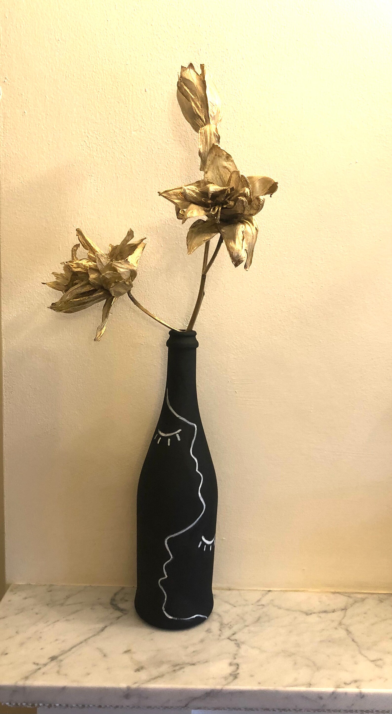 Abstract Art, Line Drawing Face ,hand Painted Bottle, Black Abstract ...