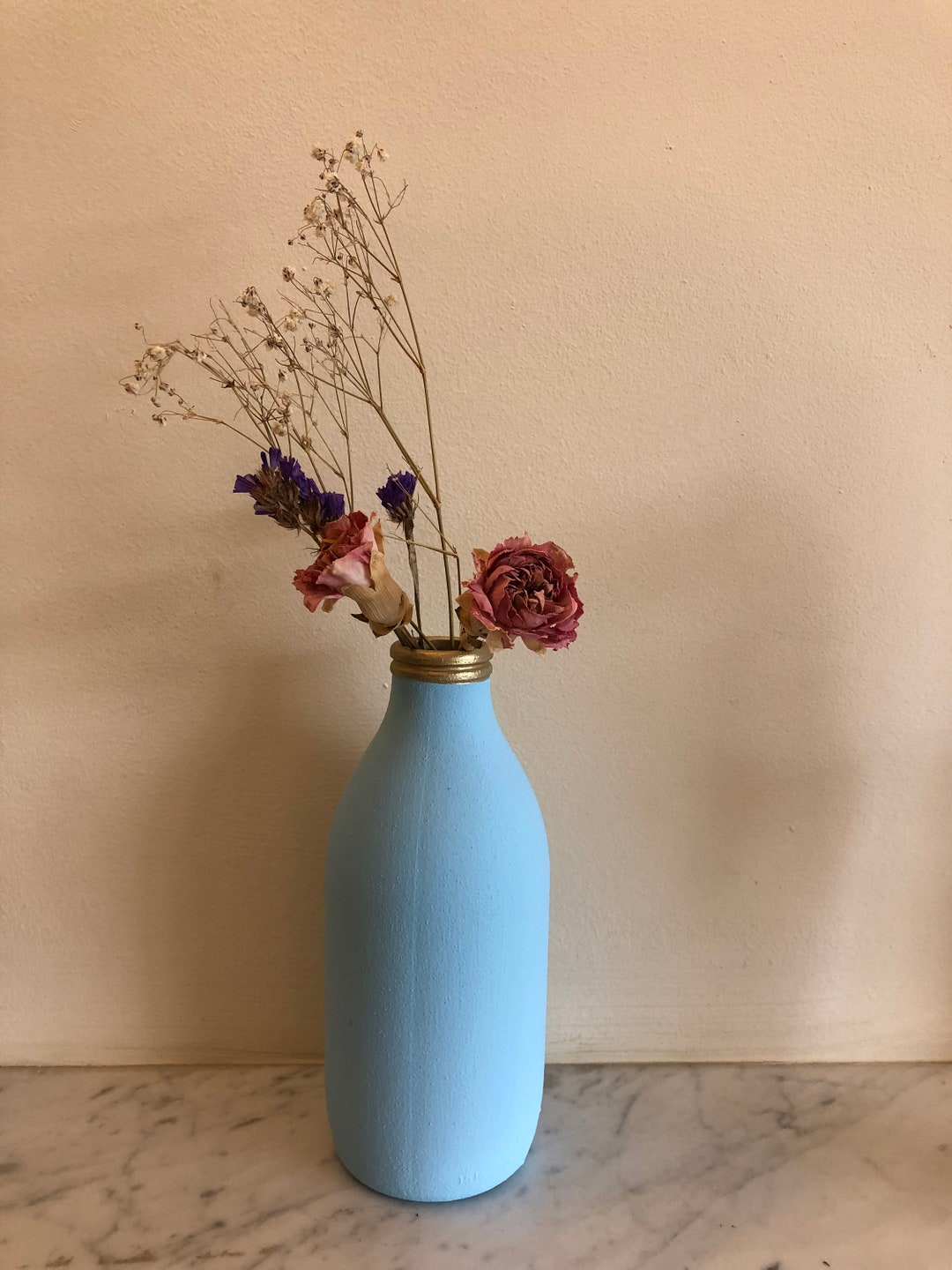 Blue Milk Bottle Vase, Gold Rim , Pastel Blue Milk Bottle Vase, Blue ...