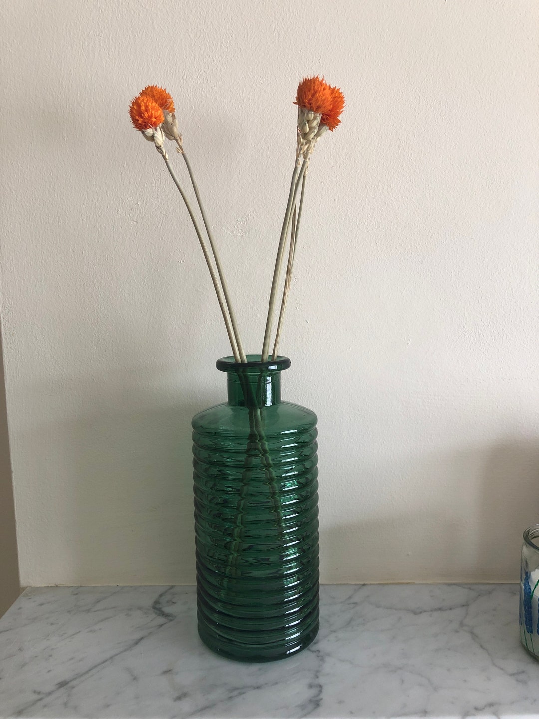 Green Glass Bottle Vase , Ribbed Green Glass Vase, 21cm Vase , Vintage ...