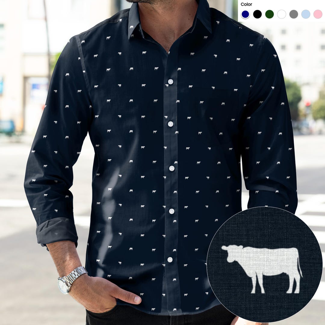 Cattle Icon Pattern - Men's Casual Long Sleeve Shirt for Farmers, Cow ...