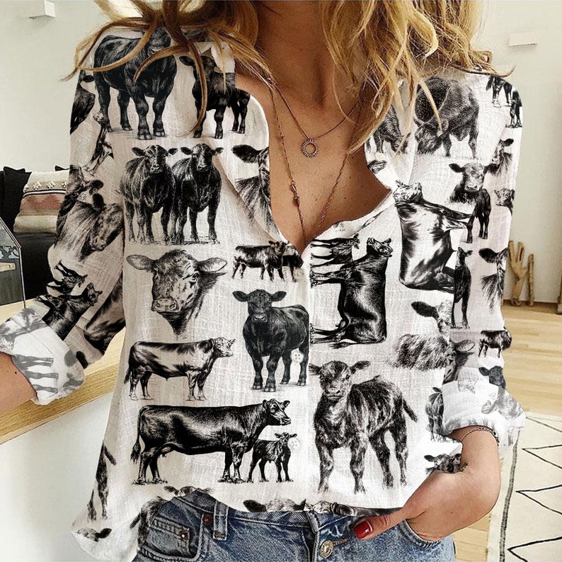 Black Angus Cattle Icon Pattern Women's Mock Linen Shirts for Farmers ...