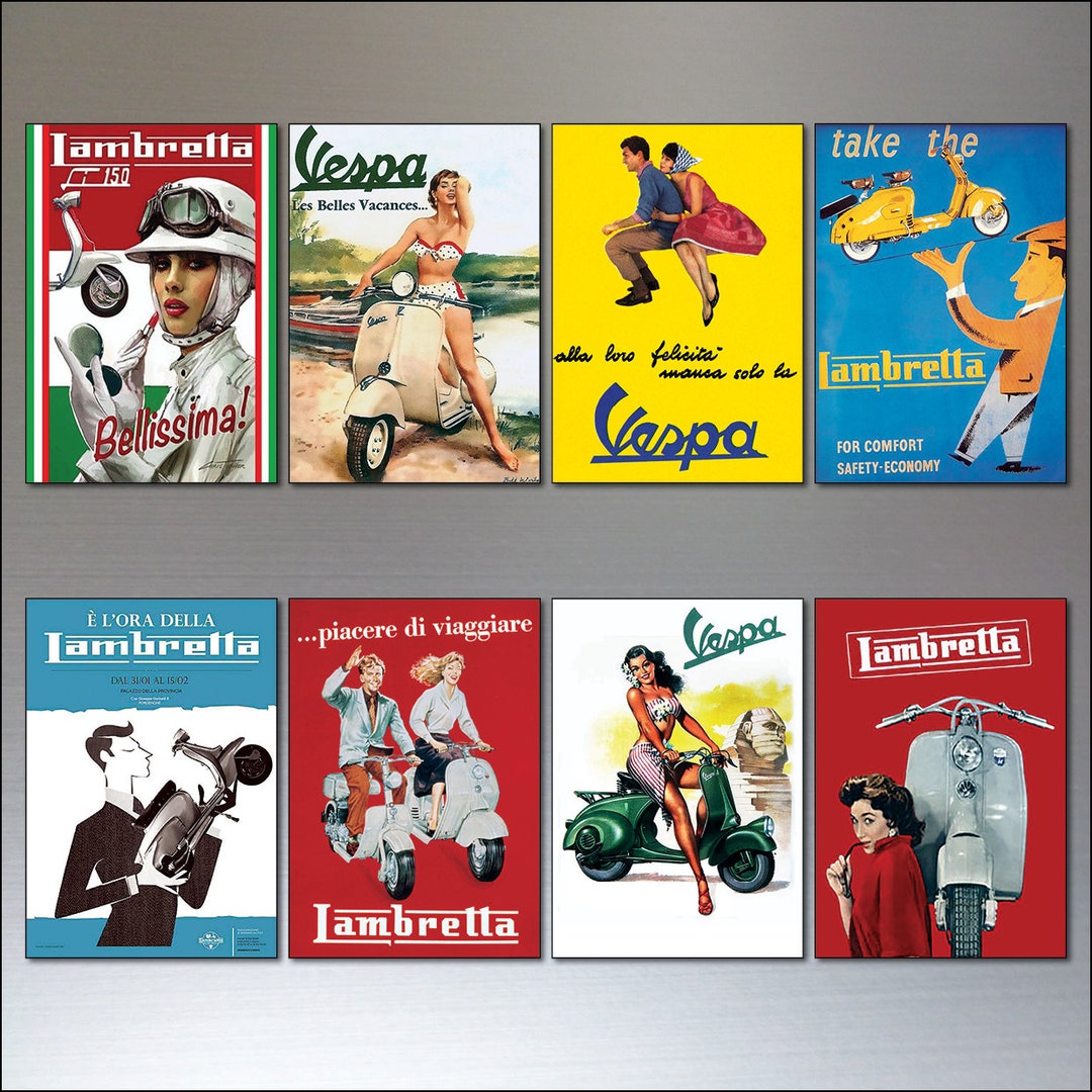 Vintage Italian Scooter Vespa Lambretta Motorbike Adverts 8 Fridge ...