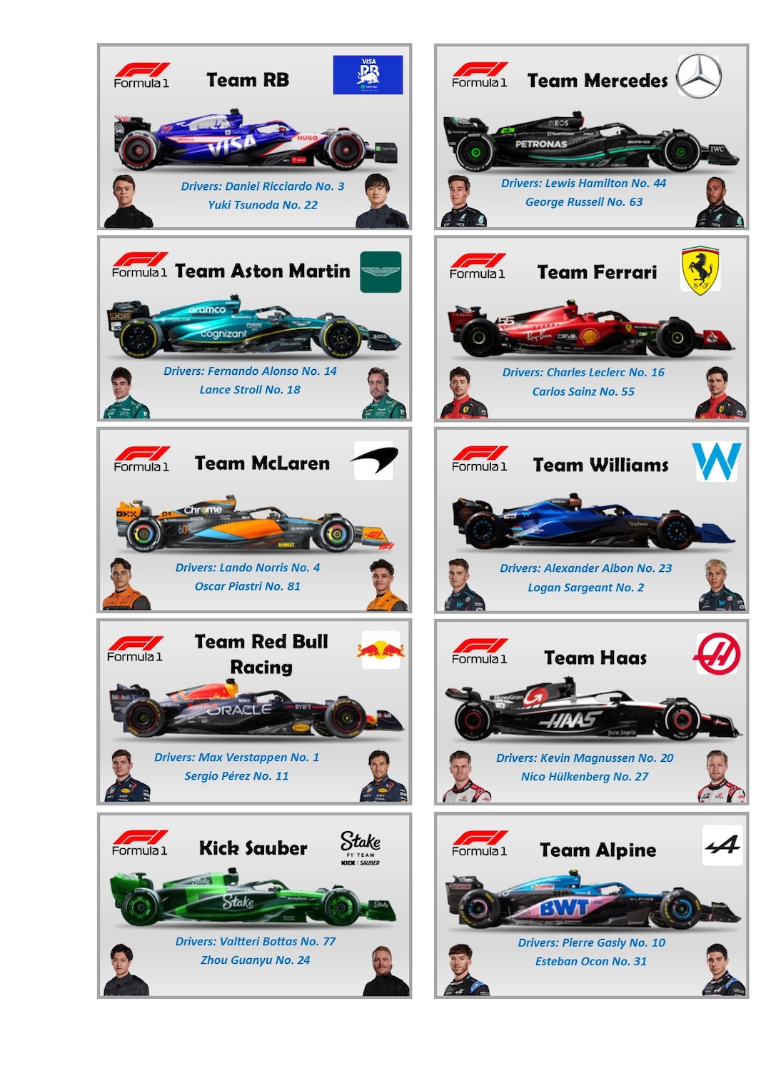 Formula 1 Fridge Magnets 10 Magnets Racing Cars and Drivers for 2024 ...