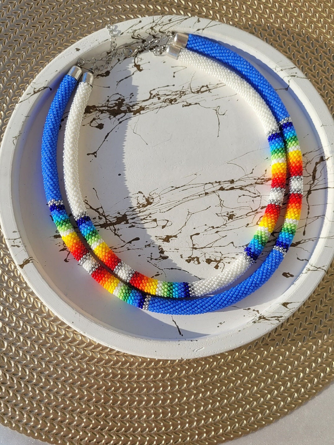 Duo Delight: Rainbow Double Bead Crochet Necklace Set - Handcrafted ...