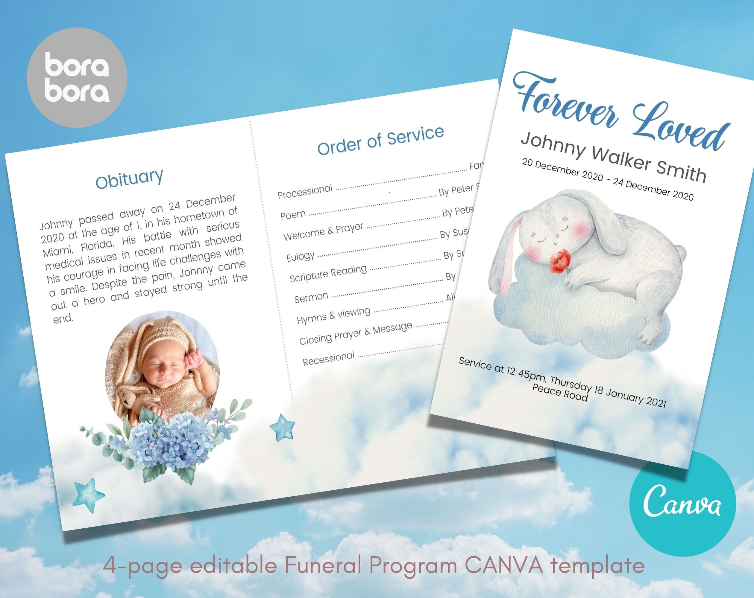 Baby Blue Bunny Funeral Program Template, Obituary (canva A4) - Etsy
