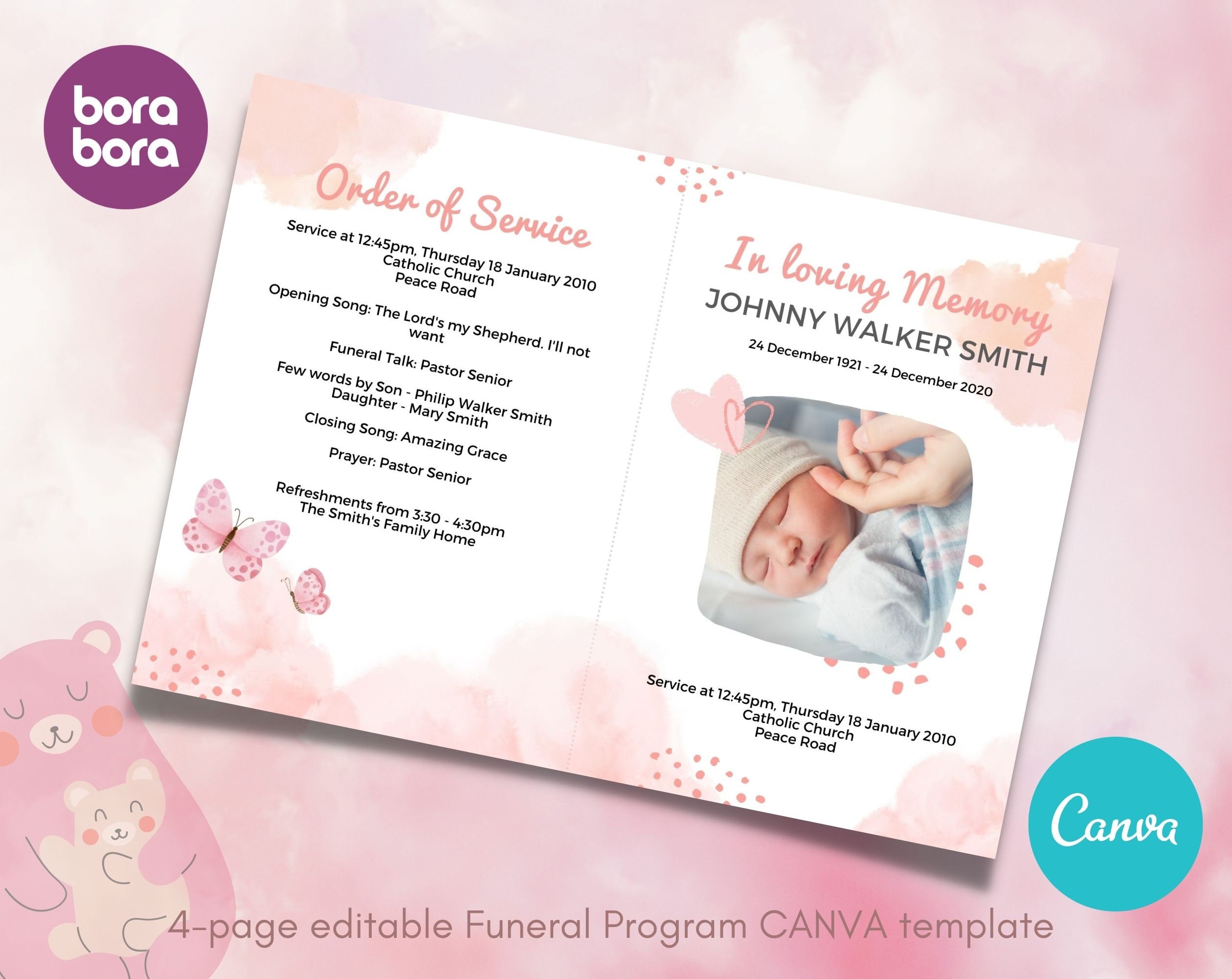 Pink Baby Funeral Program Template, A4 Size (editable Canva Template ...
