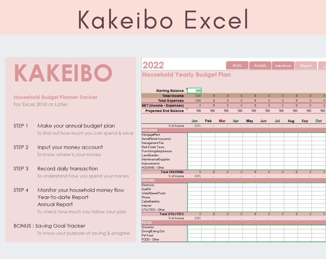 Kakeibo Excel Template Tool - Household Budget Planner Expense Saving ...