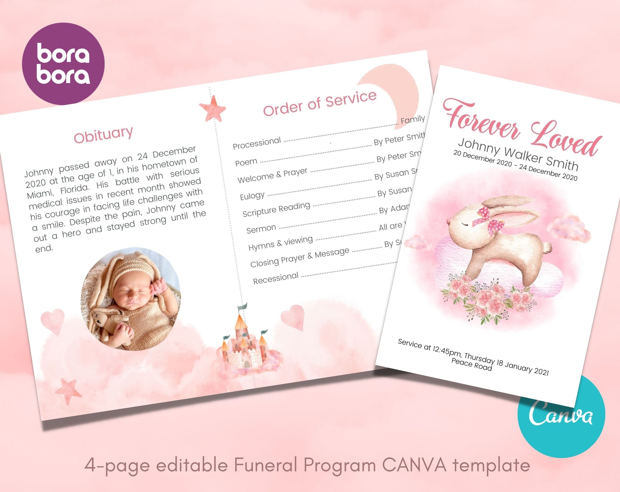 Pink Bunny Funeral Program Template for Children , Baby Funeral ...