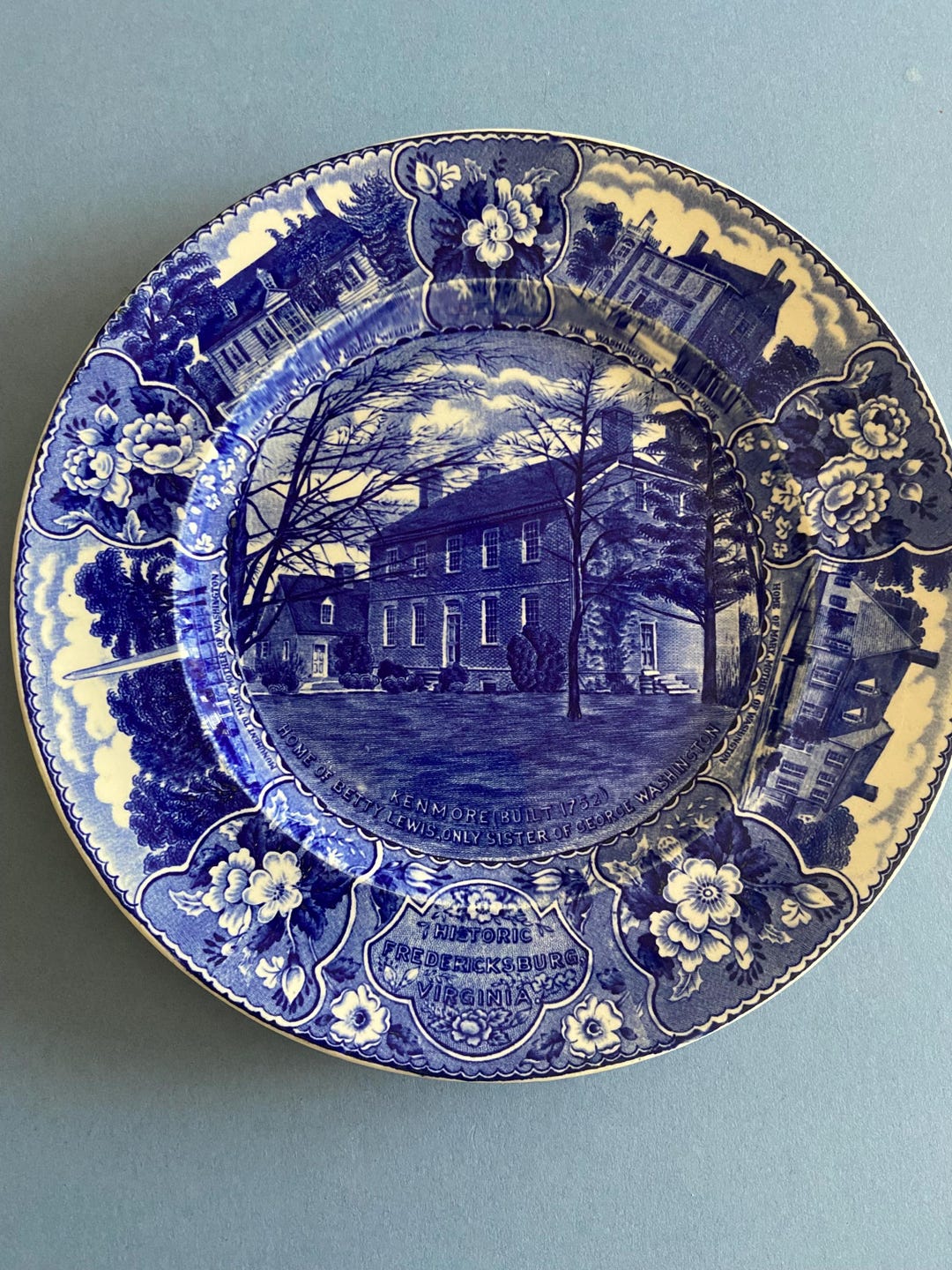 Vintage Blue and White Plate by Adams Pottery Depicting 7 Historic ...